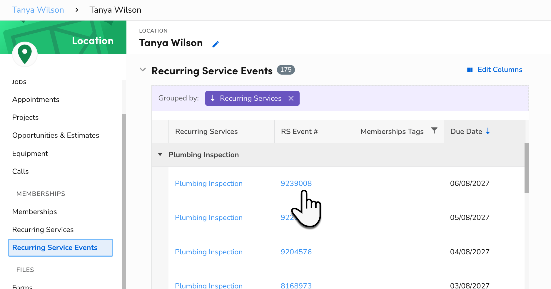 A cursor clicking a recurring service event number on a ServiceTitan location record.