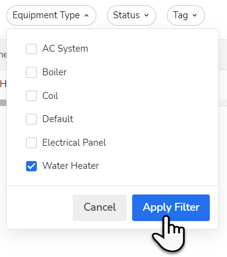 A cursor selecting the Apply Filter button when locating equipment.