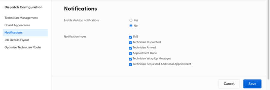The Notifications screen in ServiceTitan Dispatch Configuration.