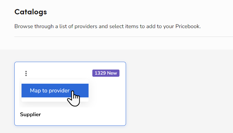Cursor clicking Map to provider in ServiceTitan Pricebook Connect Catalogs