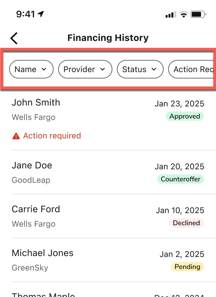 The Financing History screen in the ServiceTitan Field Mobile App.