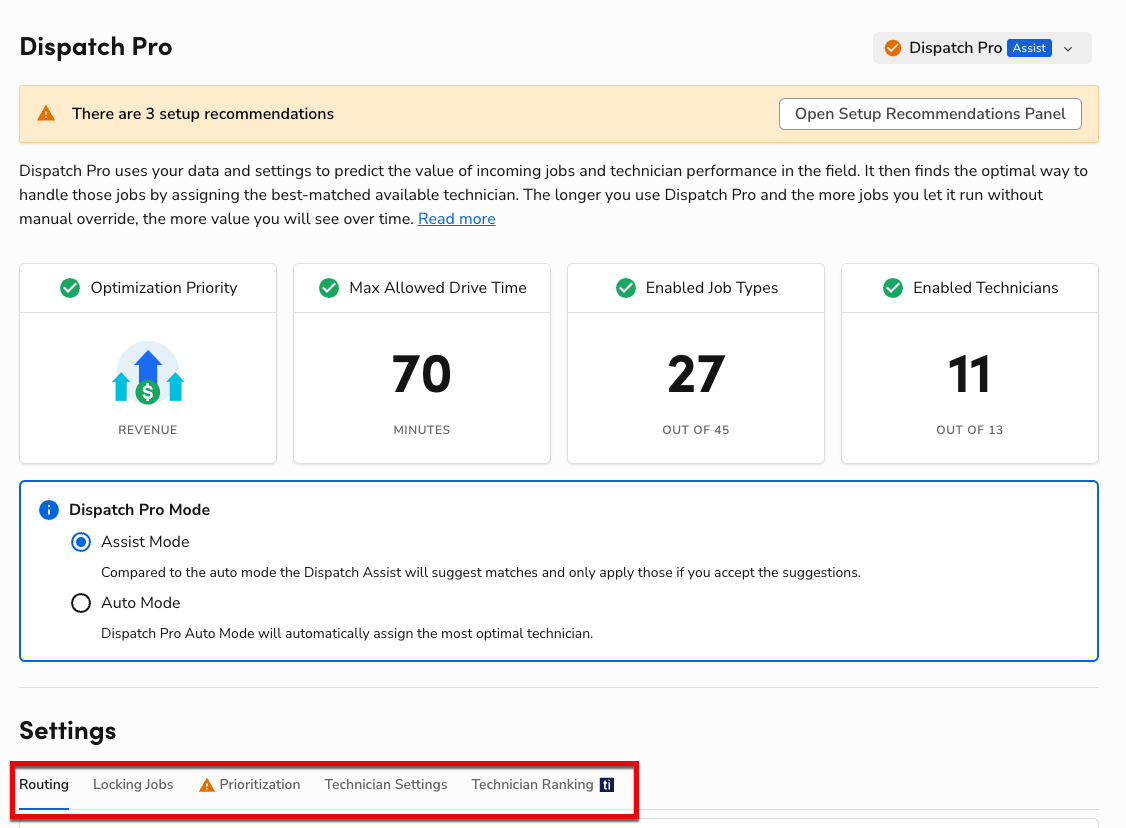 The ServiceTitan Dispatch Pro Settings screen. Tabs in the Settings section are highlighted.