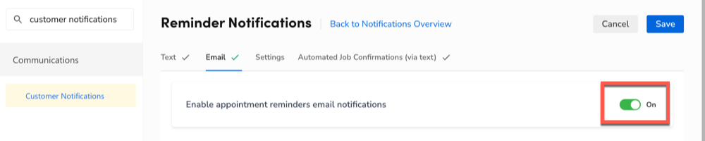 The ServiceTitan Reminder Notifications screen. The Enable toggle is highlighted and turned on.
