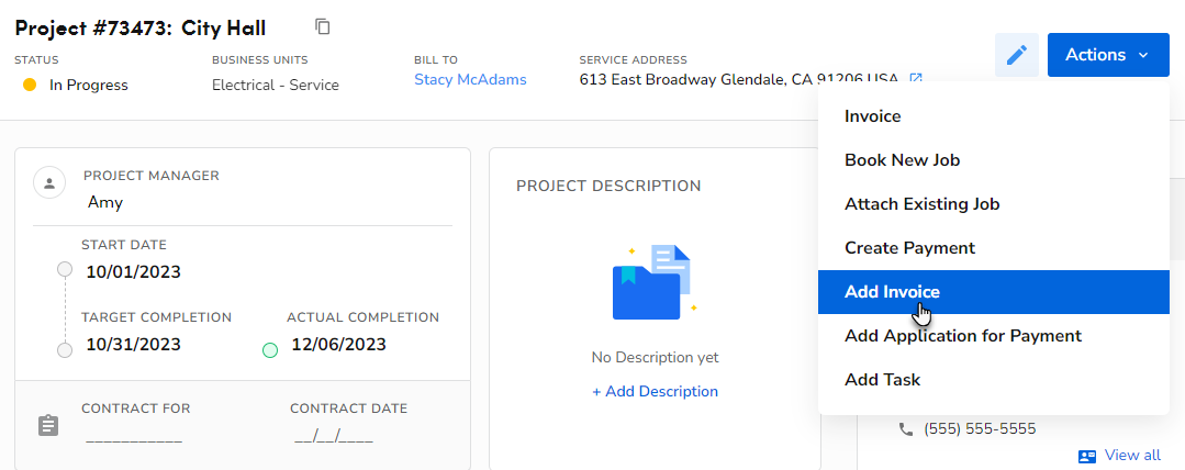 Cursor on the Add Invoice option from the Action dropdown in the ...