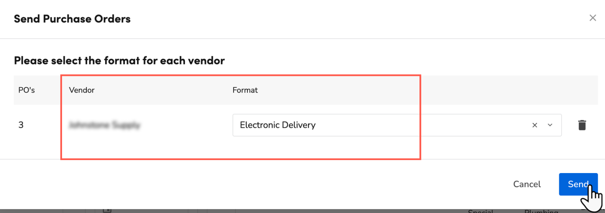 Cursor clicking Send on the Send Purchase Orders pop-up.