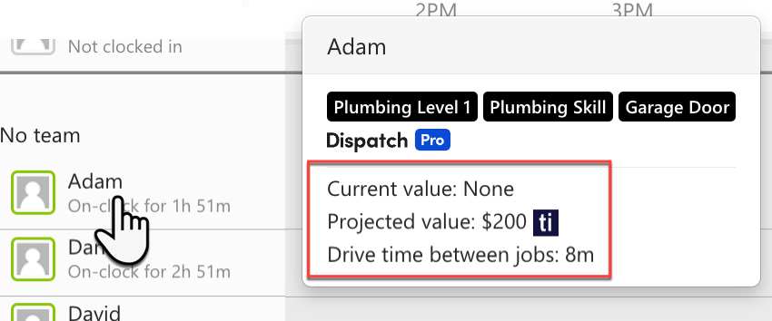 A cursor hovering over a technician's name on the ServiceTitan Dispatch Board. The hover-over ...