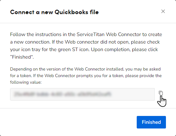 Cursor on the Copy option in the Connect a Quickbooks file popup