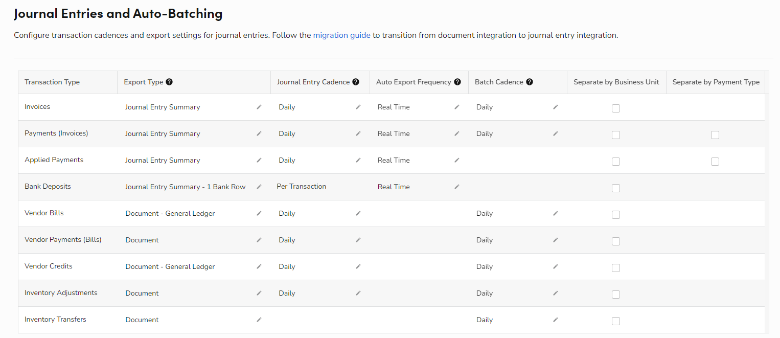 JE configuration table