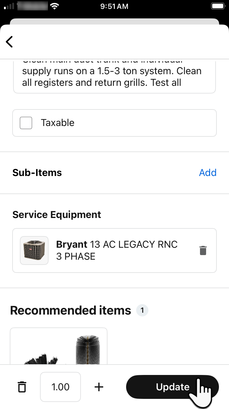 A cursor tapping Update in the ServiceTitan Field Mobile App.