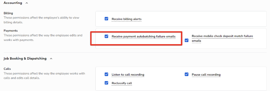 The image shows the Receive payment autobatching failure emails permission on a employee record ...