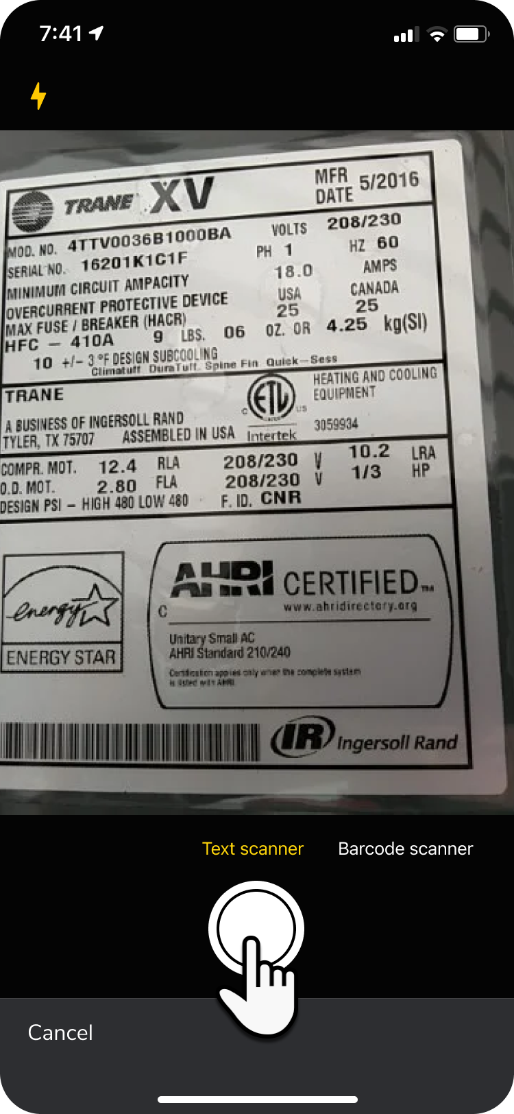 A cursor capturing an image of an equipment sticker.