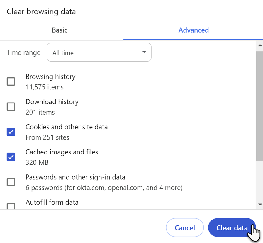 Cursor Clear browsing data for Google Chrome
