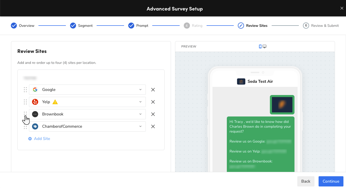 Review Sites step of the Advanced Survey Setup