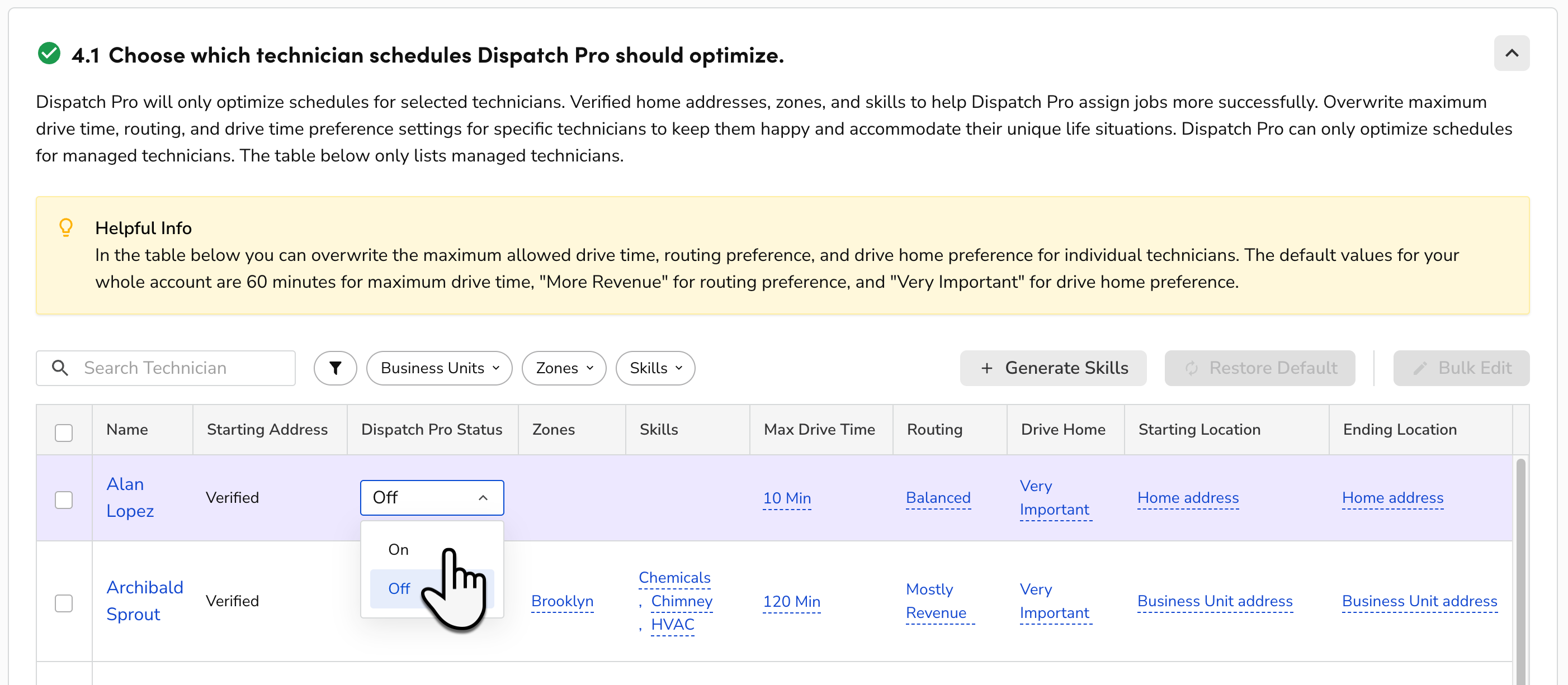 A cursor selecting On to enable Dispatch Pro for a technician in ServiceTitan Dispatch Pro settings.