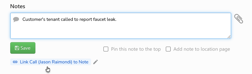 A cursor selecting Link Call to Note.