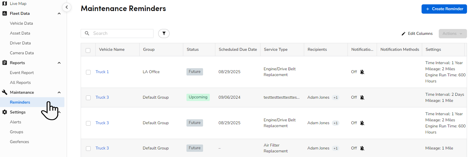 A cursor clicking the Reminders section.