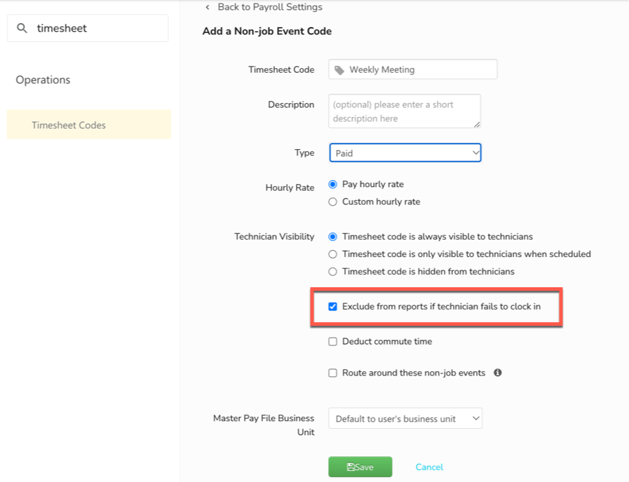 A cursor selecting Exclude from reports if technician fails to clock in from the Add a Non-job ...