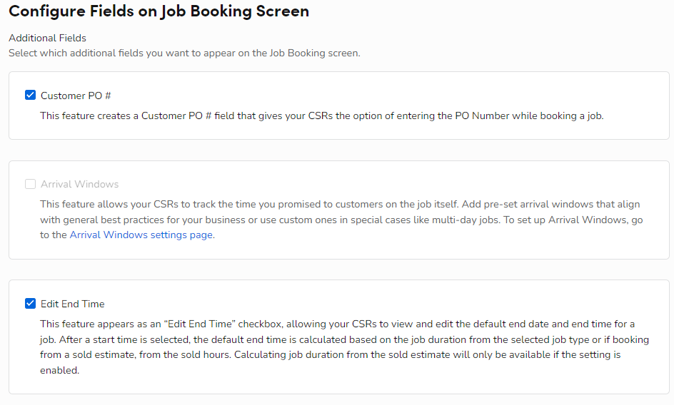 The Configure Fields on Job Booking Screen with all fields selected.