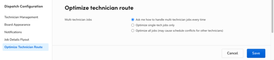 The Optimize Technician Route screen in ServiceTitan Dispatch Configuration.