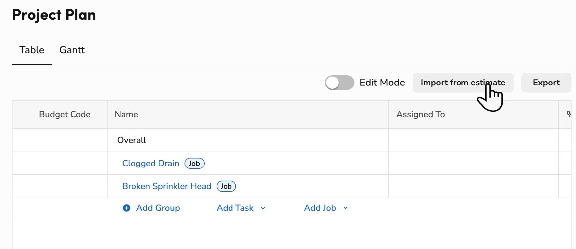 A cursor clicking Import from estimate.