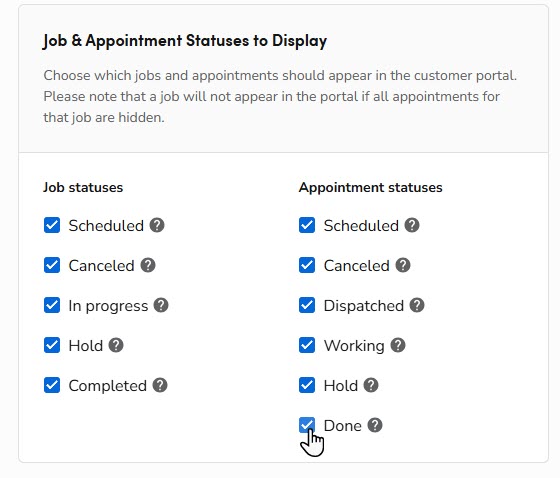The Job & Appointment Statuses to Display section.