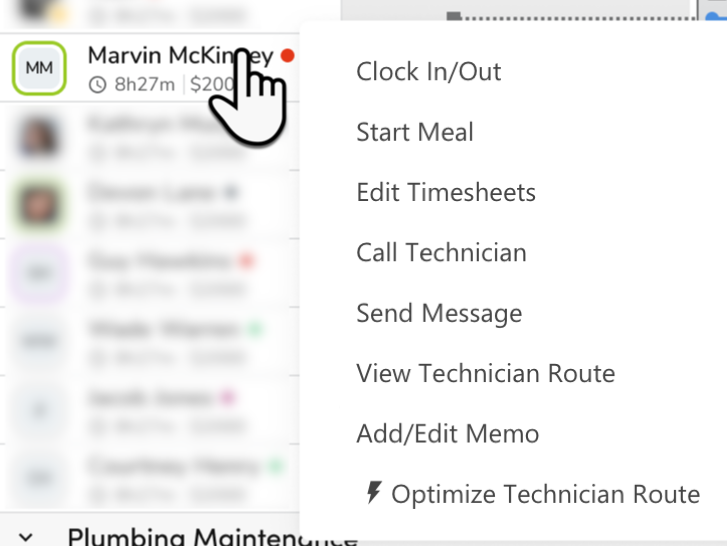 A cursor selecting a technician name on the ServiceTitan Dispatch Board.