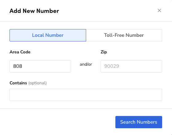 The Add New Number shows the Local Number option selected and 808 in the Area Code field.
