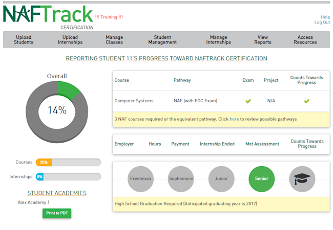 NAF ASH: View Student Progress Toward NAFTrack Certification