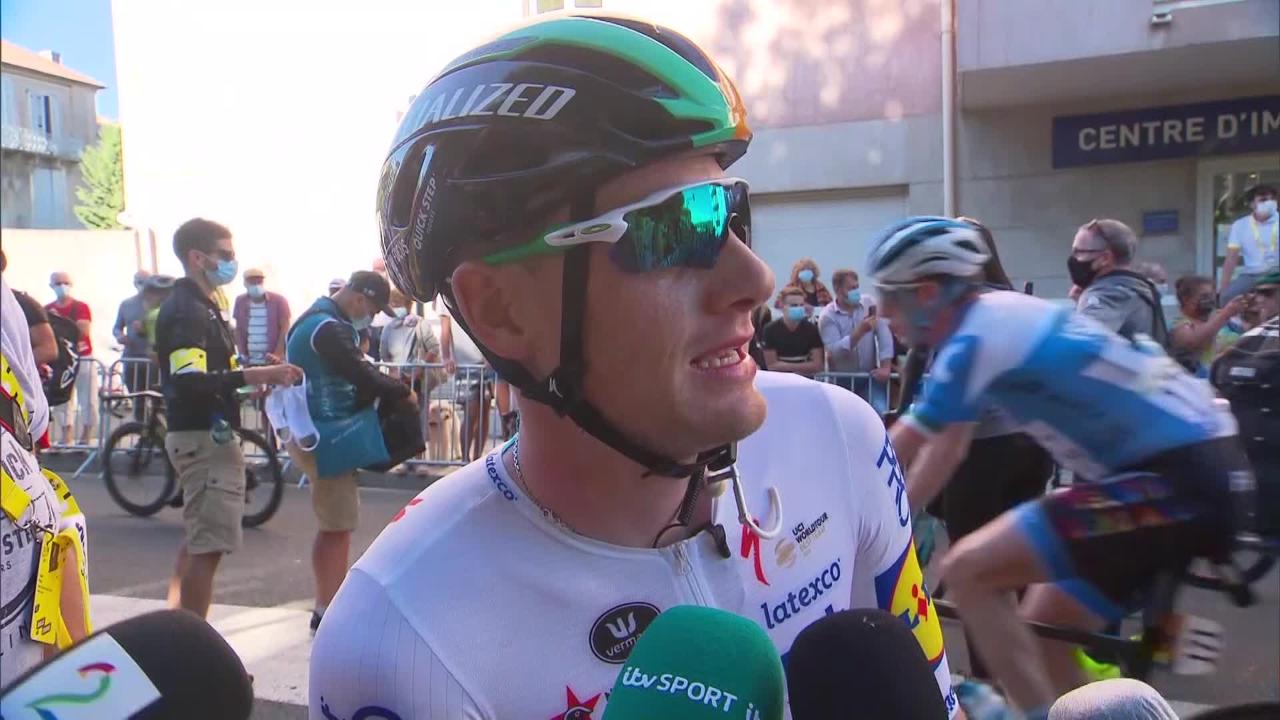 Sam Bennett reacts after finishing second on stage three | ITV Cycling