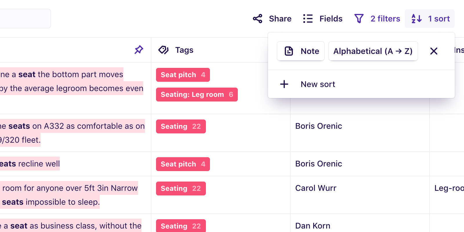 See all of your highlights in a spreadsheet-like view