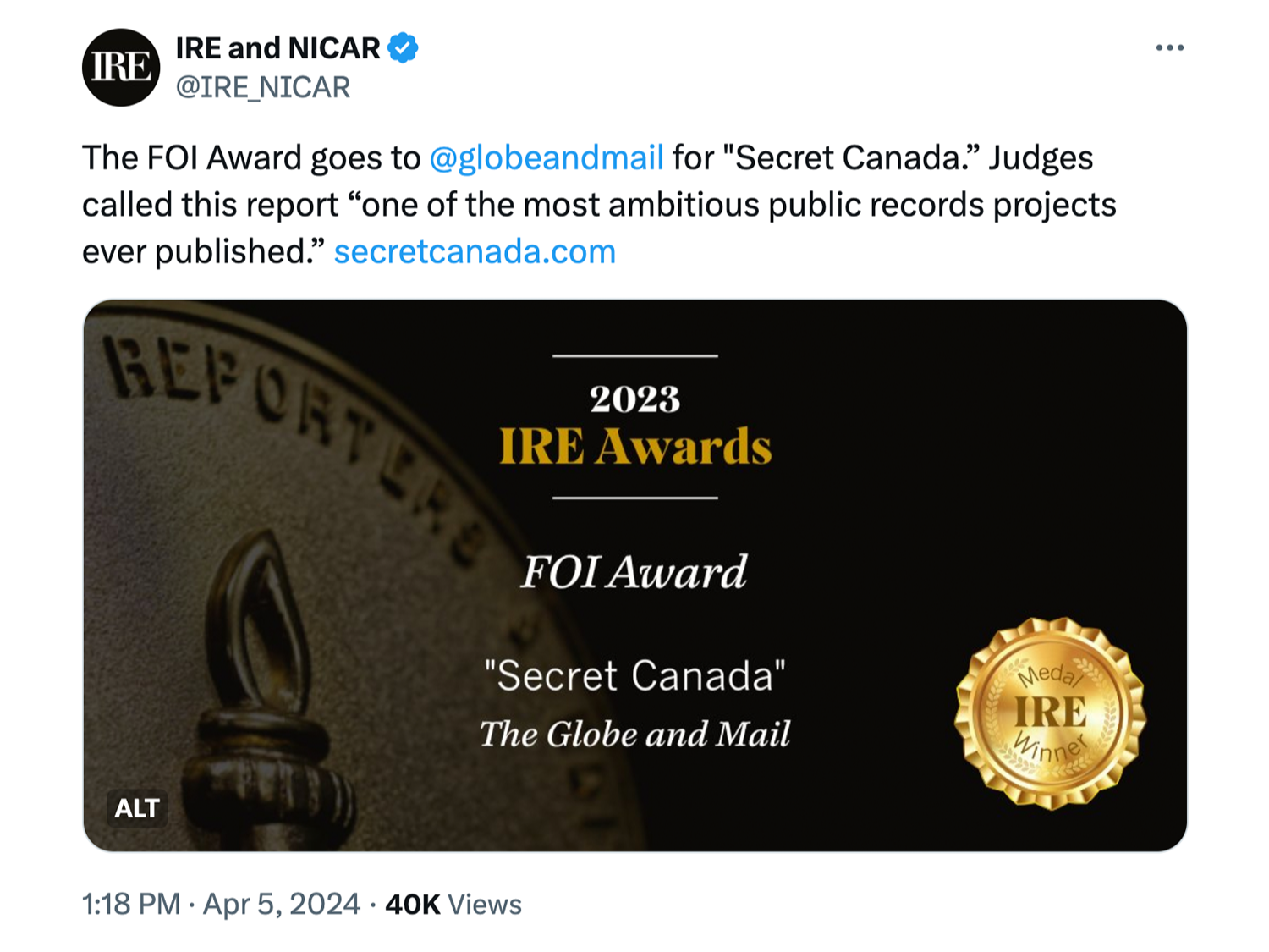 Secret Canada wins prestigious FOI award | Secret Canada