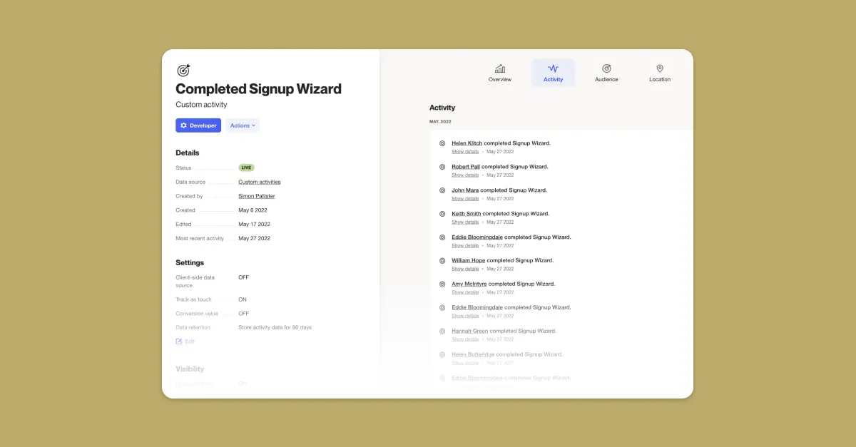 Create custom activities to track customer actions | Ortto
