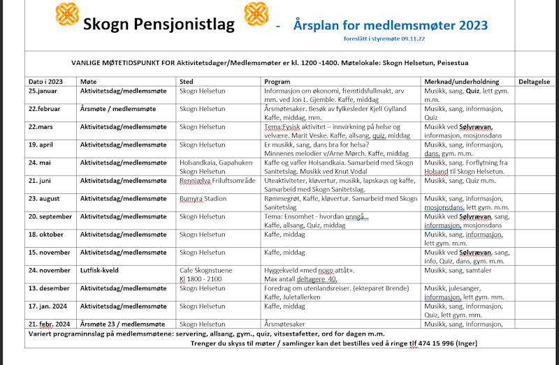Årsplan for aktivitetsdager 2023 | Pensjonistforbundet