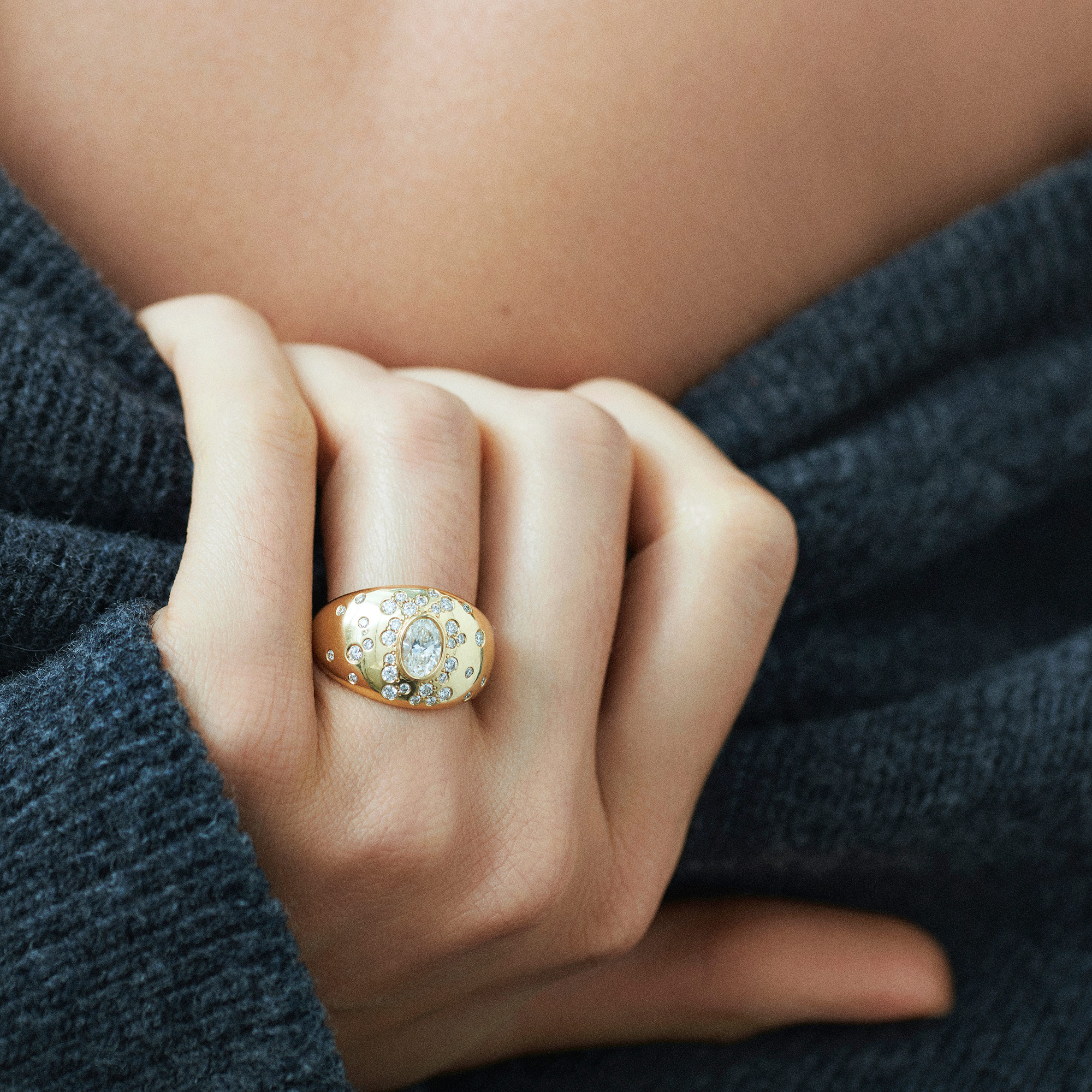 The Cecilia dome Ring with an oval central diamond, Lab Grown Diamond Ring by Kimaï