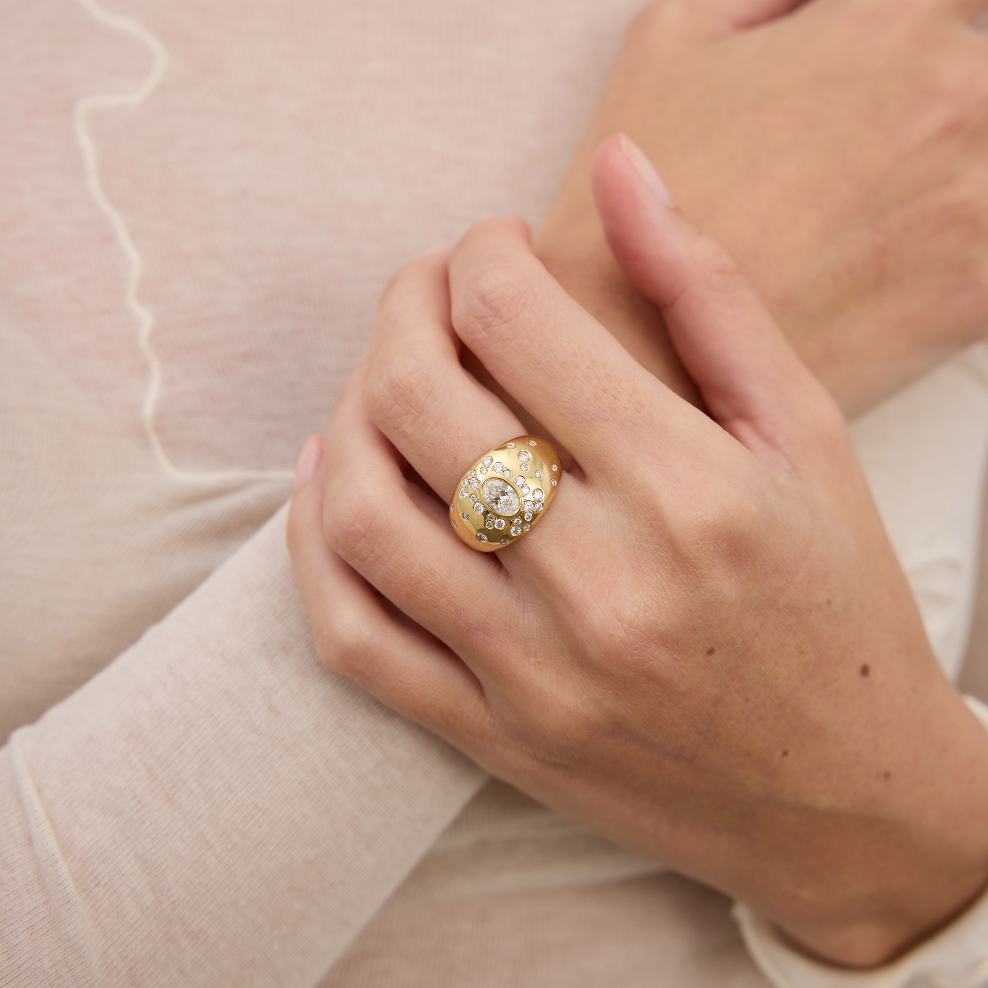 The Cecilia dome Ring with an oval central diamond, Lab Grown Diamond ...