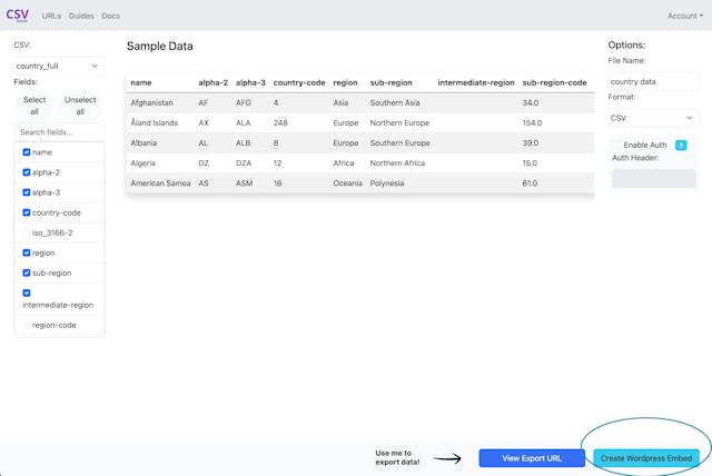 CSV as Wordpress Table Example