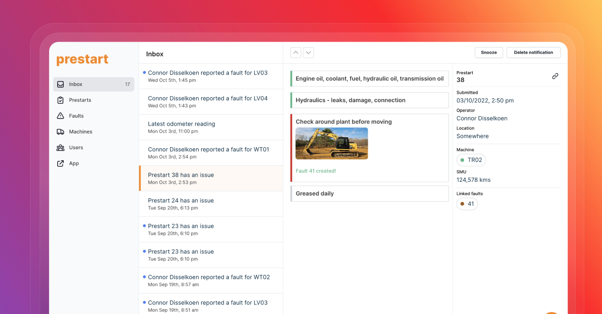 Prestart App | Checklist and fault reporting