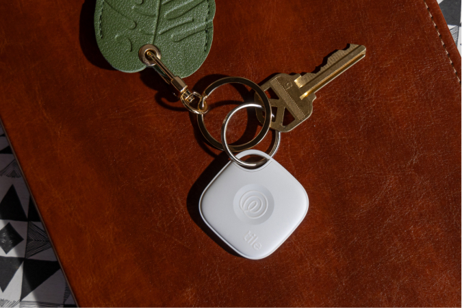 A Tile Mate White attached to set of keys.