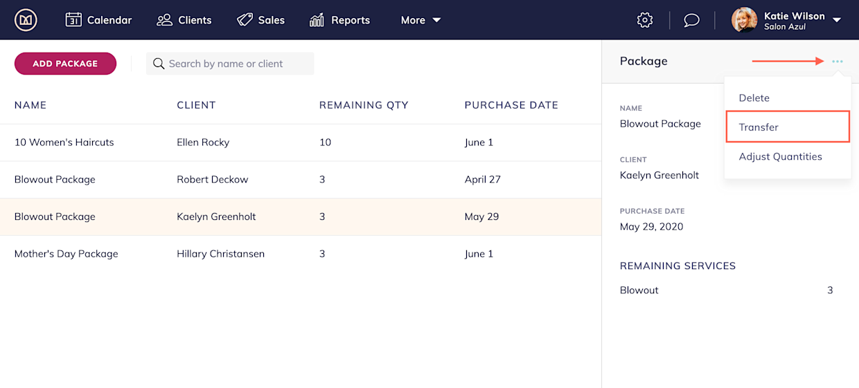 Transfer a Package to Another Client | Mangomint