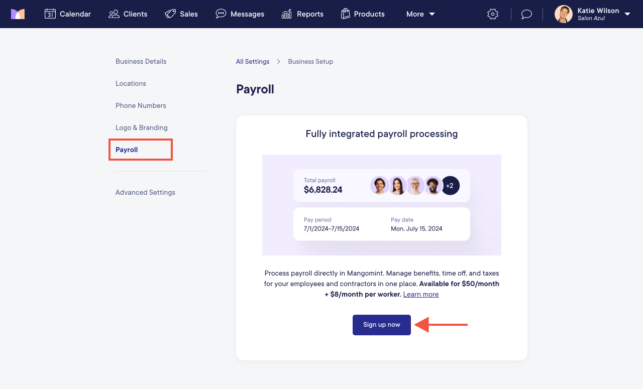 Signing Up for Payroll Processing | Mangomint Salon and Spa Software