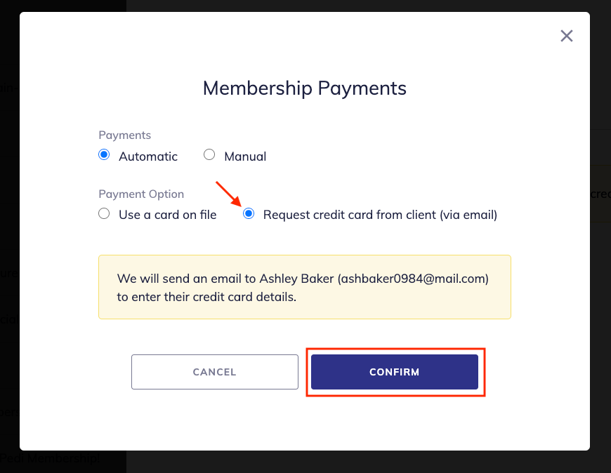 How do I resend the credit card email request to my client? | Mangomint