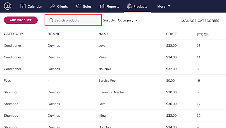 Search & Sort Products | Mangomint