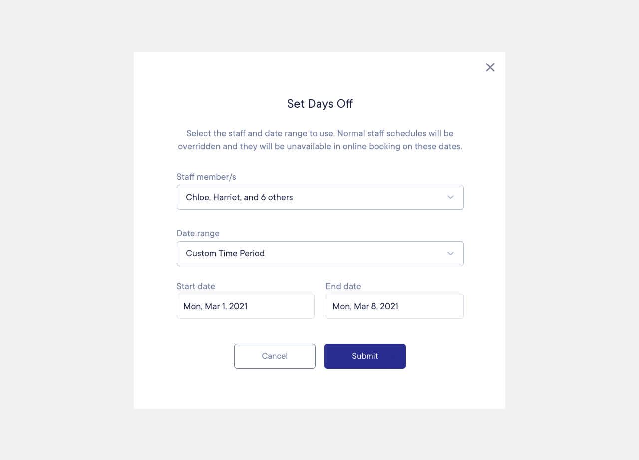Set Days off for Multiple Staff Members at Once | Mangomint