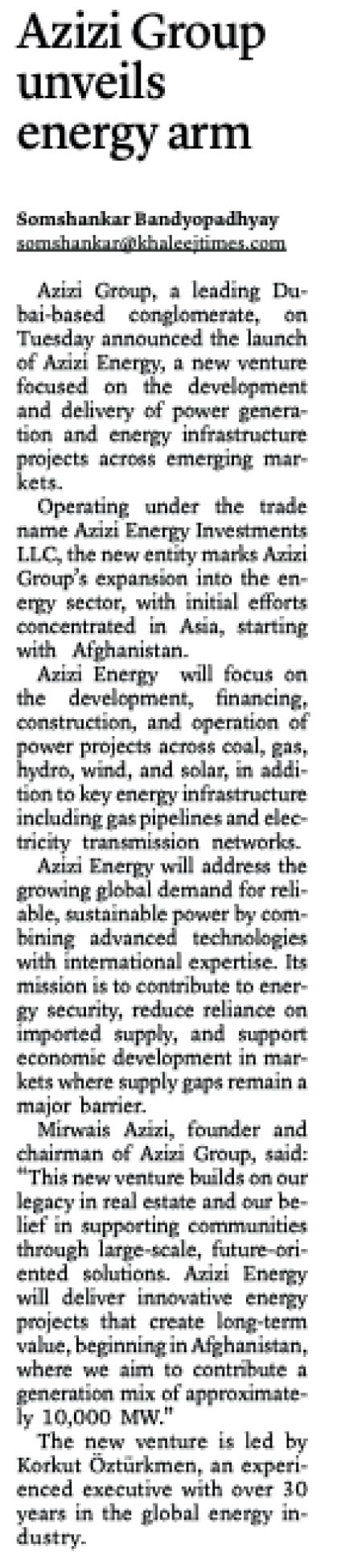 AZIZI GROUP LAUNCHES AZIZI ENERGY TO DEVELOP POWER PROJECTS IN EMERGING ...