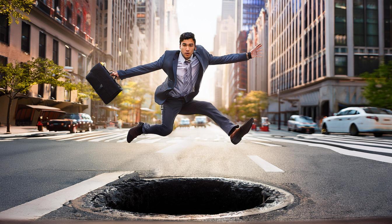 Firefly_A_businessman_jumping_over_an_open_pothole_in_New_York_city ...