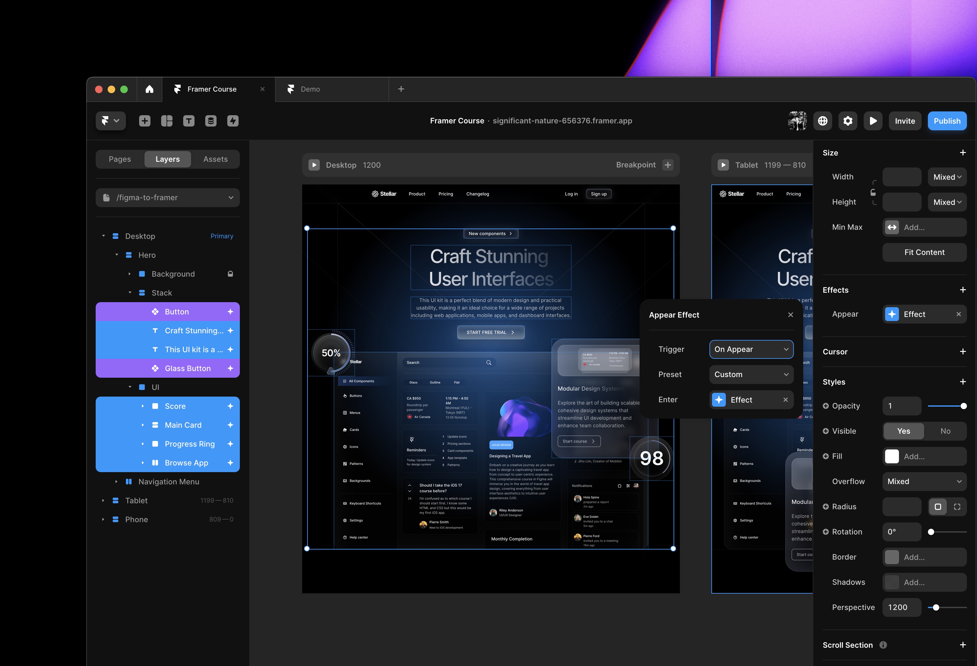 Appear, Hover, Press, Loop and Drag Effects - Master No-Code Web Design with Framer - Design+Code