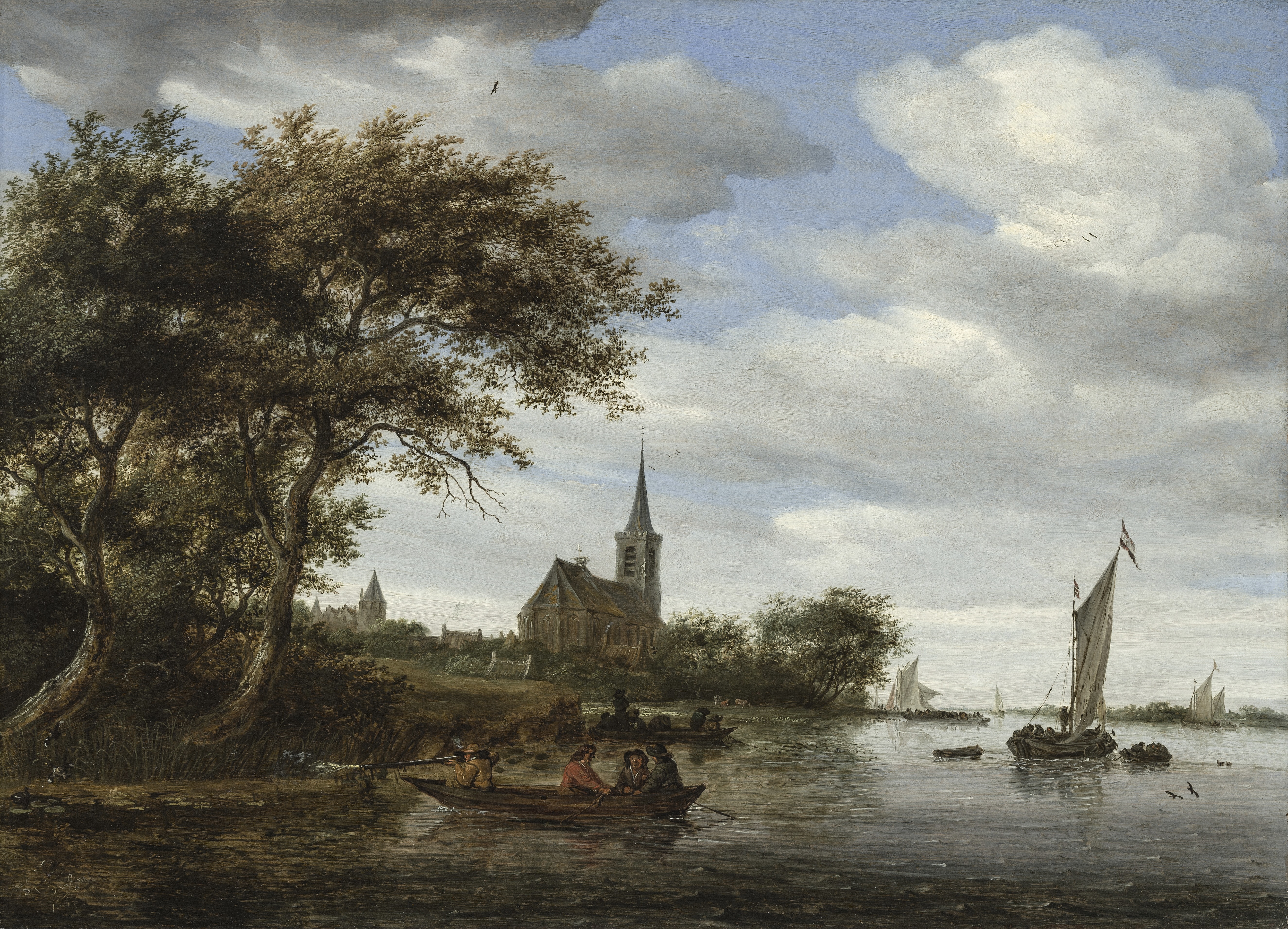 Salomon van Ruysdael – Dutch river landscape with duck hunters