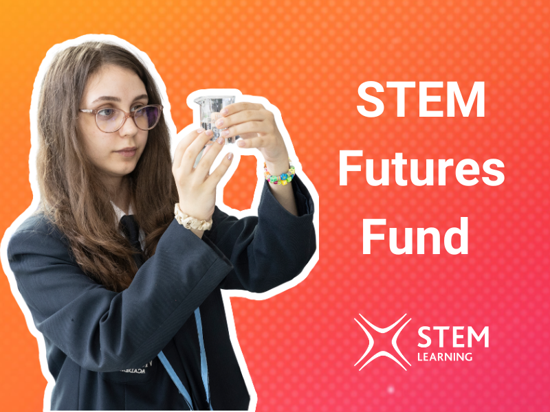 Female student holding a vial in a chemistry class. Text to the right ...