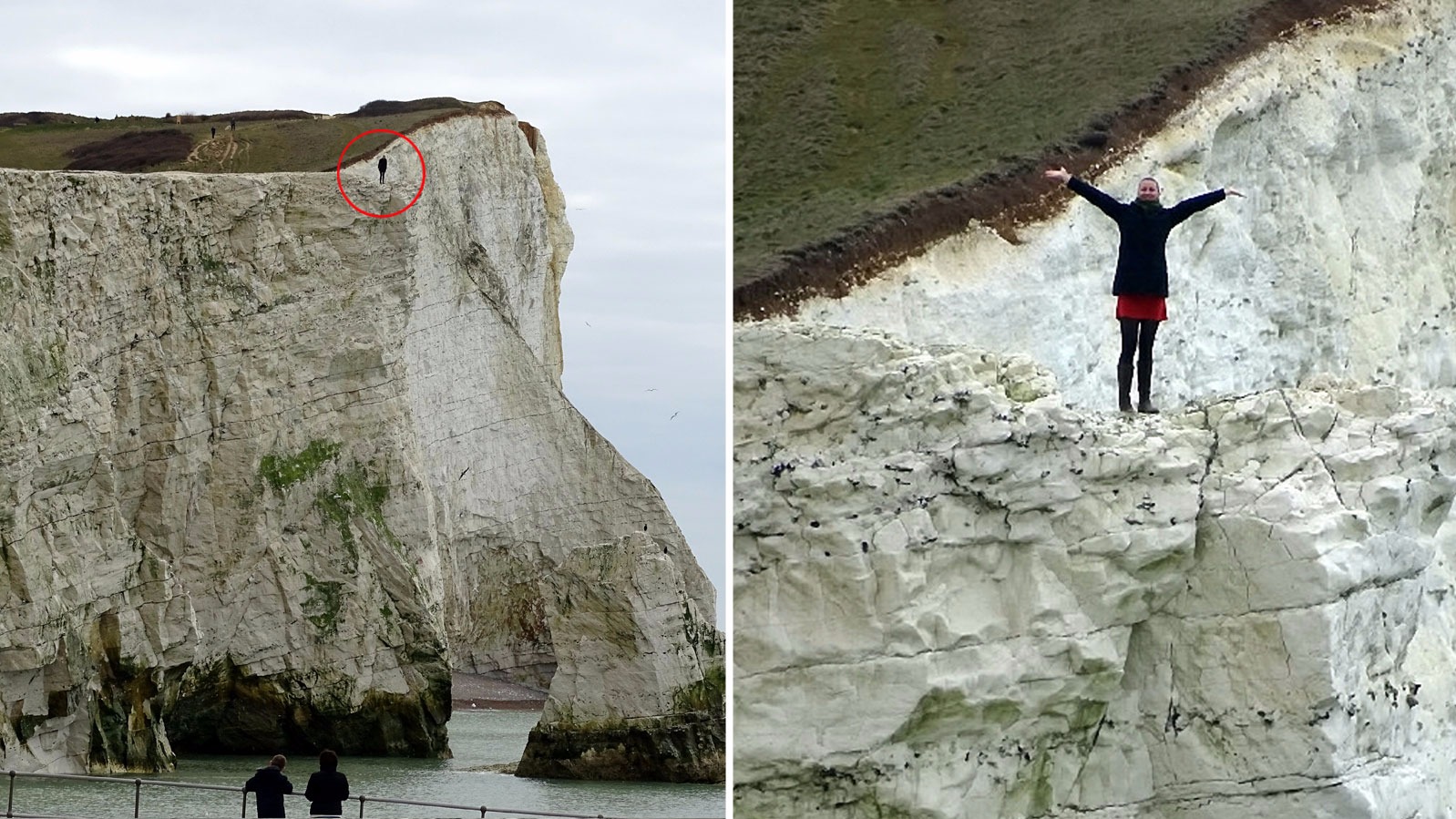 Reckless pair play dare on edge of crumbling 200ft high cliff | ITV News