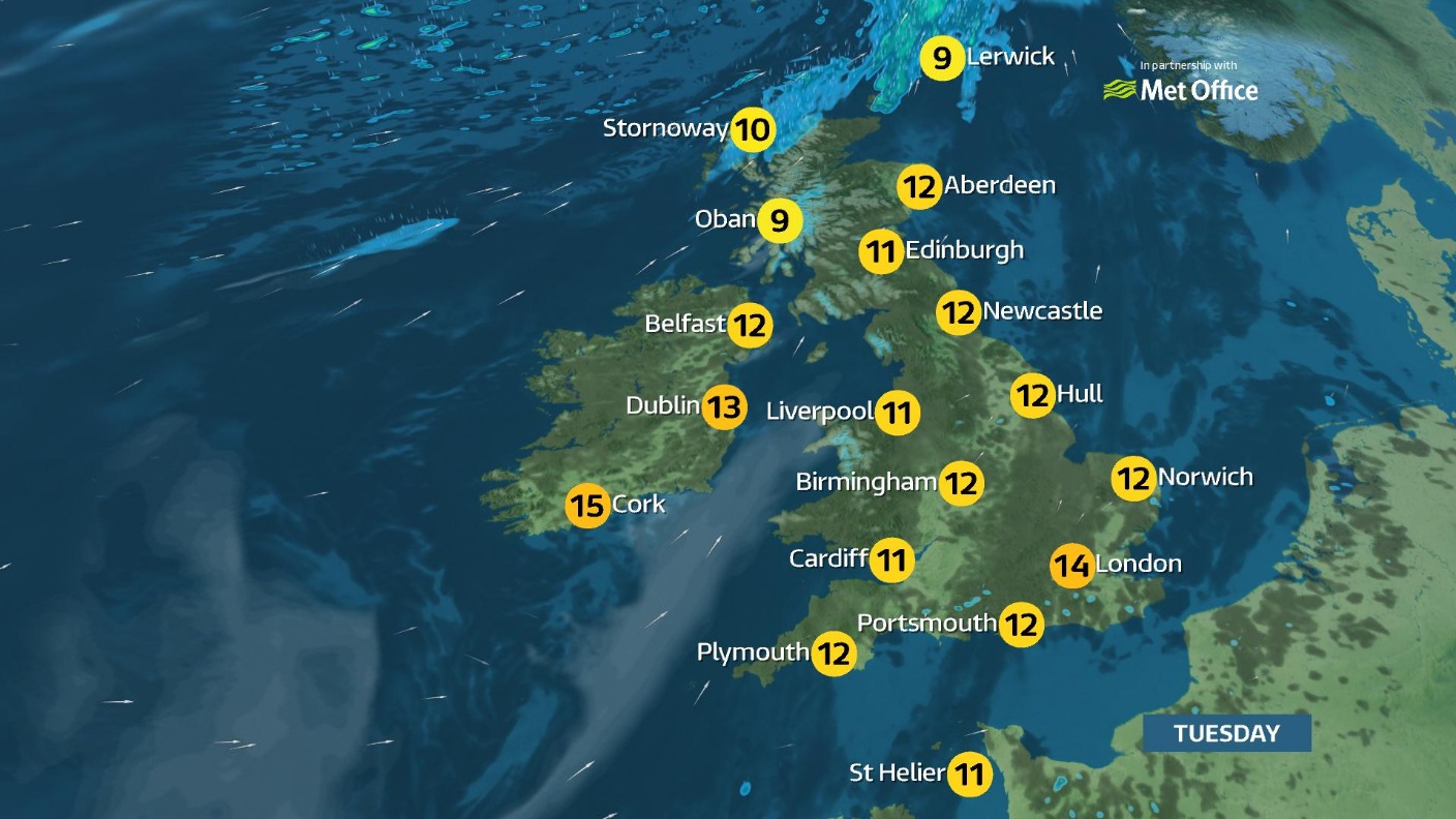 Cloudy across the country with patchy light rain and drizzle in places ...